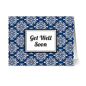 Note Card Cafe Get Well Greeting Card Set with Envelopes | 24 Pack | Blank Inside, Glossy Finish | Modern Royal Damask 'Get Well Soon' Navy | Bulk Set for Greeting Cards, Occasions, Birthdays