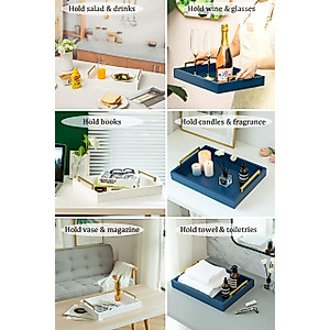 Hanobe Blue Decorative Trays for Coffee Table MDF Large Ottoman Tray for Living Room Bathroom Coffee Bar Decor Modern Tray with Gold Handles (Blue, 3)