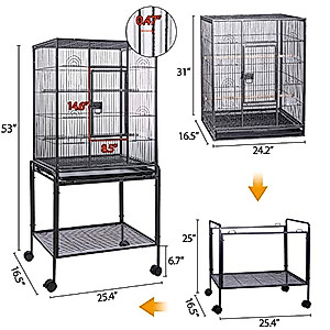 HSM 53 Inch Wrought Iron Large Bird Flight Cage with Rolling Stand for African Grey Parrot Cockatiel Sun Parakeet Conure Lovebird Canary