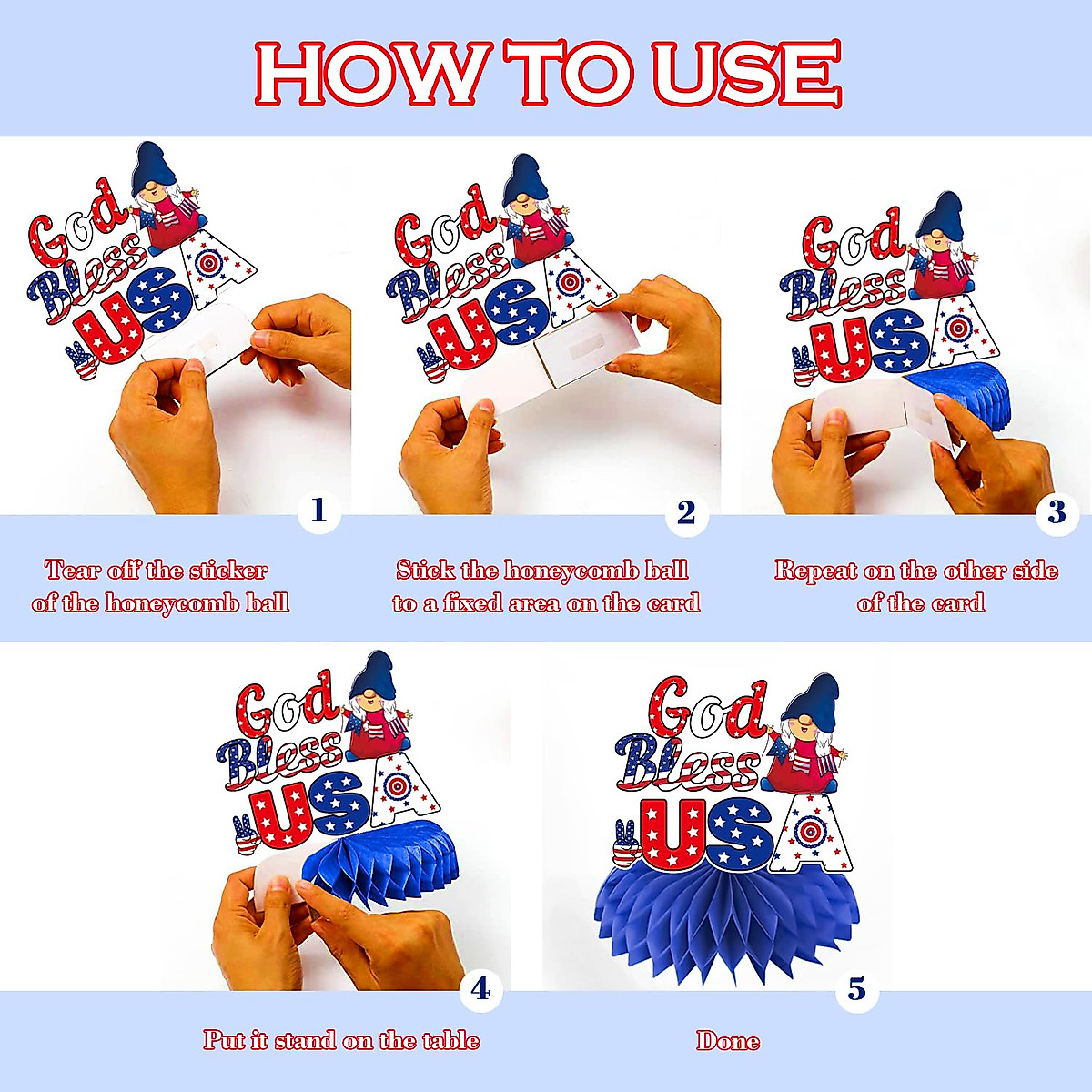 9Pcs Veteran Day Decorations Honeycomb Centerpieces, 3D Double Side God Bless USA Table Decorations, Blue Red Home of the Free Centerpieces for Tables, Memorial Day Decorations for Office Decor