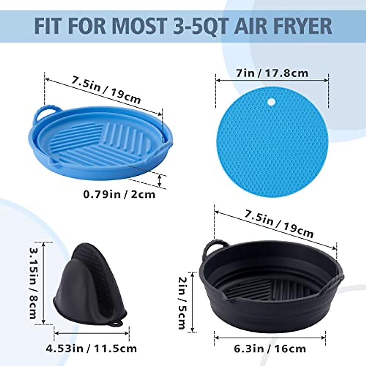 SiliconeWay Air Fryer Silicone Liners - 4PCS With 2 Foldable Air Fryer Liners, 1 Pair Silicone Oven Mitts,1 Silicone Mat And 1 Ebook- Collapsible Lip Design Heat Resistant Silicone Basket Pot
