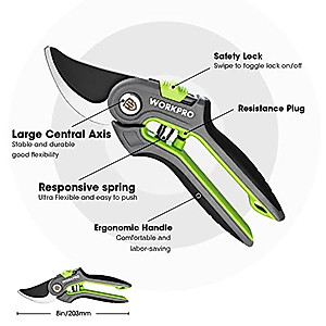 WORKPRO Bypass Pruning Shears, 8’’ Stainless Steel Gardening Hand Pruner, Professional Garden Trimming Scissors with Sharp SK5 Steel Blades, Ideal Garden Tool,Green