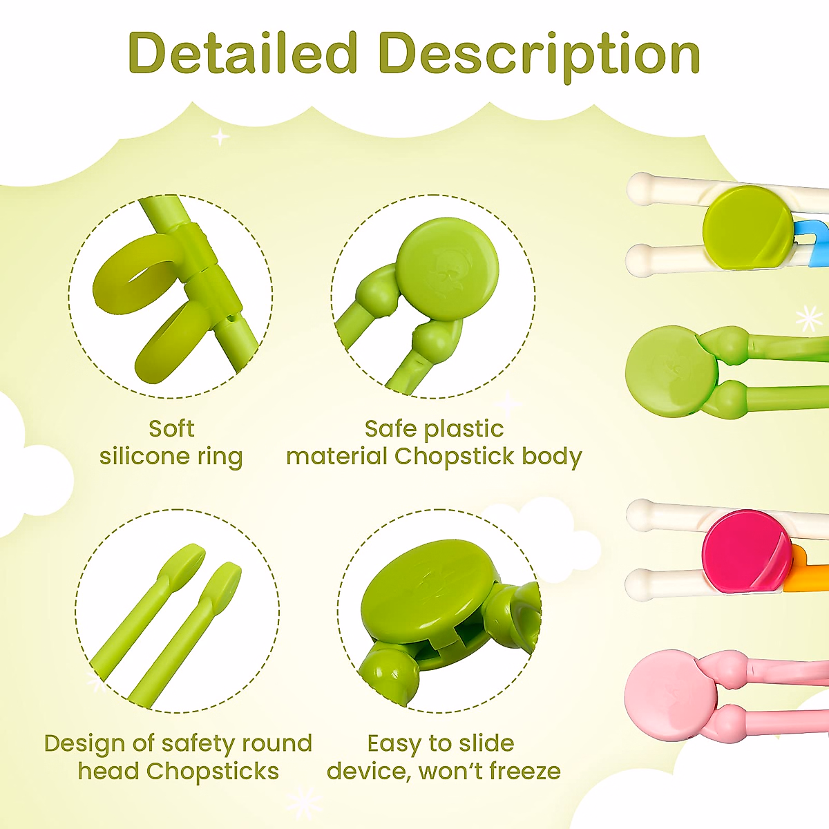 MOTZU 4 Pairs Training Children Beginners Chopsticks - Fun and Easy to Use Cheater Chopsticks, Learning Chopstick Helper, Plastic Practice Chopsticks for Kids & Adults - Reusable & Dishwasher Safe