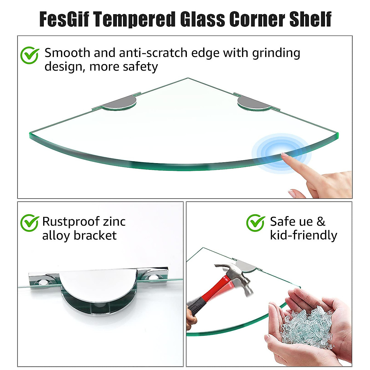 FesGif 2 Pack Glass Corner Shelf for Bathroom Shower Caddy Basket Shelf Shampoo Holder Storage Organizer No Drilling Adhesive Wall Mounted Bathroom Shelf Floating Extra Thick Tempered Glass Shelves