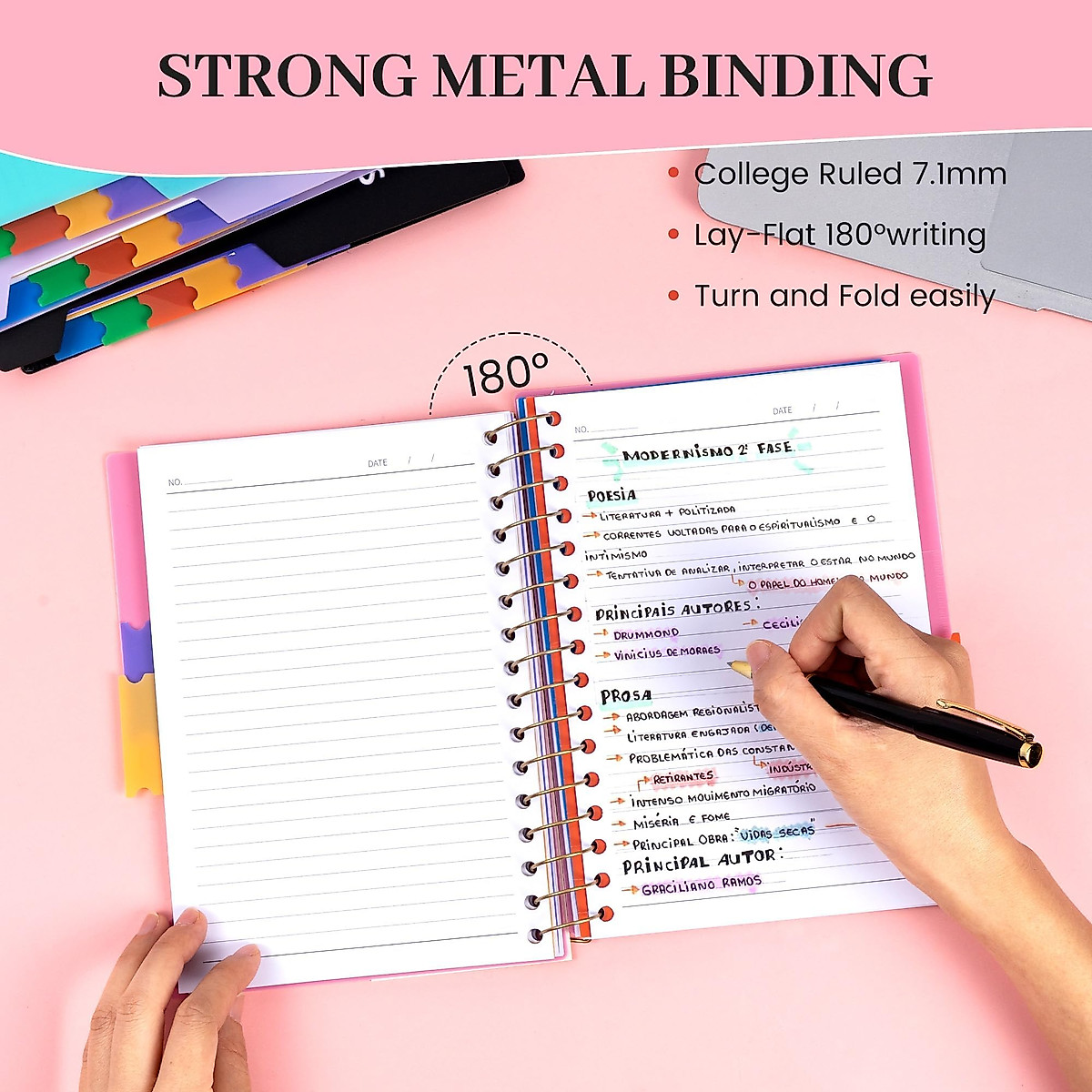 CAGIE 5 Subject Notebook College Ruled with Removable Tabs, Lined Spiral Journals Notebook for Women Men Writing, Notebooks for Work Note Taking School Supplies, A5 - Pink