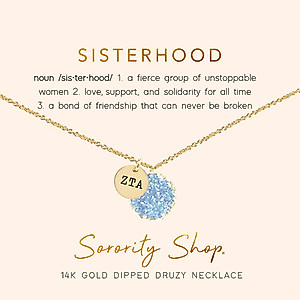 Sorority Shop ZTA Necklace - Zeta Tau Alpha Blue Druzy Gemstone Necklace With Engraved Pendant – 14K Gold Dipped Jewelry with Blue Gemstone – Sorority Gift, Charm Paraphernalia