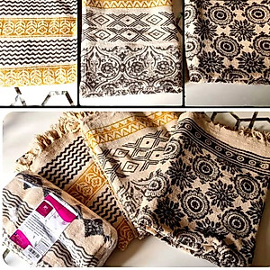 InstyleCraft - Cotton Throw Blanket - Woven Warm Boho Decor Couch Chair Sofa Bed Kitchen Living Room - Block-Printed - Chair Blanket with Tassels for Outdoor Camping Beach Picnic