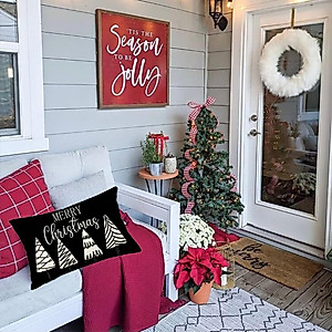 Black Merry Christmas Pillow Cover 12x20 Inch Xmas Pine Tree Lumbar Pillows Simple Throw Pillow Covers Holiday Home Decor Pillowcase Winter Farmhouse Seasonal Rectangle Cushion Case for Bed Couch Sofa
