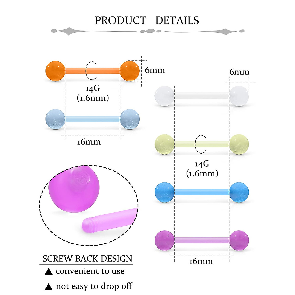 Oufksiyy 14G 16mm Glow in Dark Flexible Acrylic Straight Tongue Rings Plastic Nipple Ring Retainer Body Piercing Jewelry for Women Men 24PCS(12Pairs 14 gauge Piercings