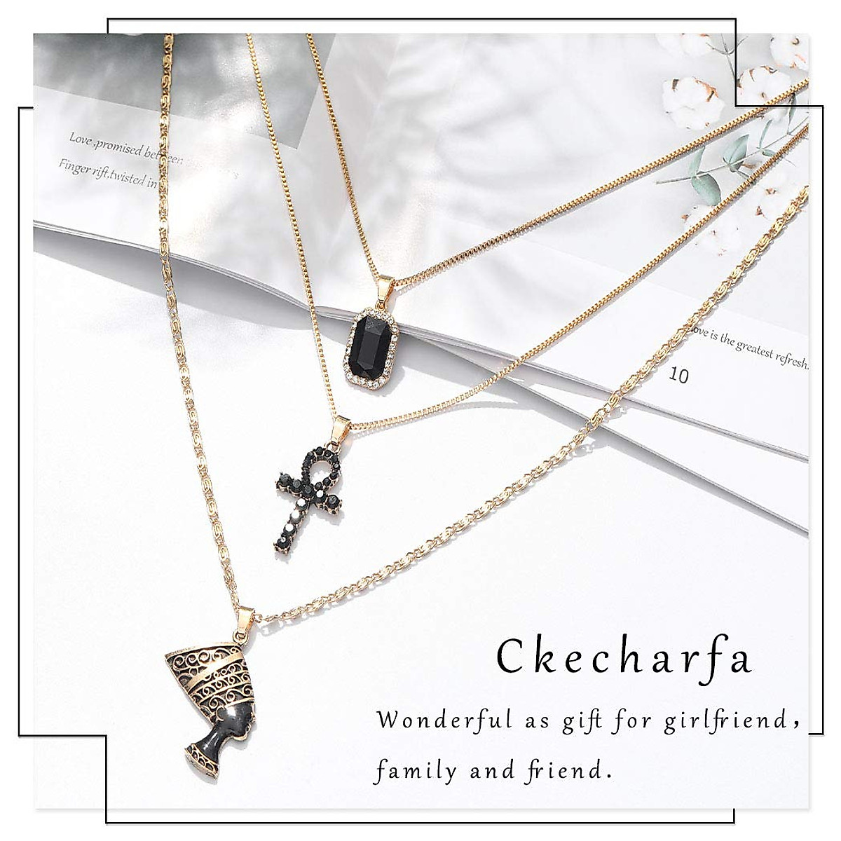 Ckecharfa Boho Africa Layered Necklaces Gold Gothic Nefertiti Egyptian Queen Pendant Necklace Gemstone Choker Necklaces Rave Party Adjustable Neck Chain Jewelry for Women