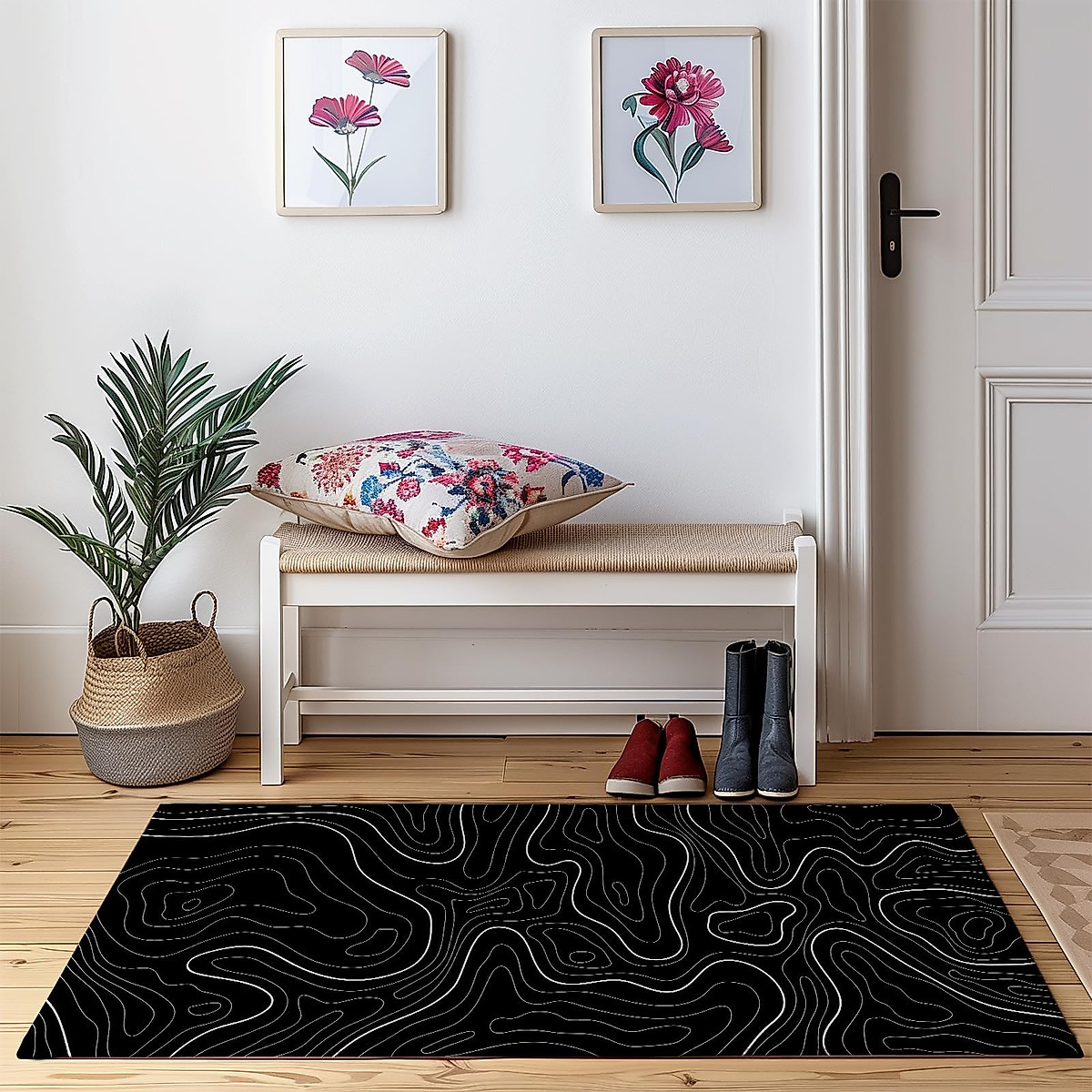 Entryway Rugs Black Topographic Map Non-Slip Washable Indoor Door Mat 2x3 Faux Wool Non-Slip Washable Low-Pile Floor Carpet for Indoor Front Entrance Kitchen Bathroom