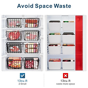 iSPECLE Upright Freezer Organizer Bins - 6 Pack Small Stand Up Freezer Baskets for 13 cu.ft Freezer, Get Food Easily, Freeze Efficiently with Air Circulation Stop Food Fall out from Freezer, Black