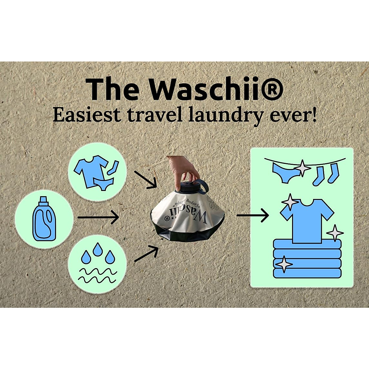 Waschii Portable Travel Laundry Bag - Solar Heated, Eco-Friendly, Compact and Durable Laundry Solution for Camping, Hiking, and Travel
