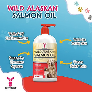 Pure Wild Alaskan Salmon Oil for Dogs, Cats, Ferrets - 32 oz Liquid Omega 3 Fish Oil, Pump on Food - Unscented All Natural Supplement for Skin and Coat, Joints, Heart, Brain, Allergy, Weight, Immune