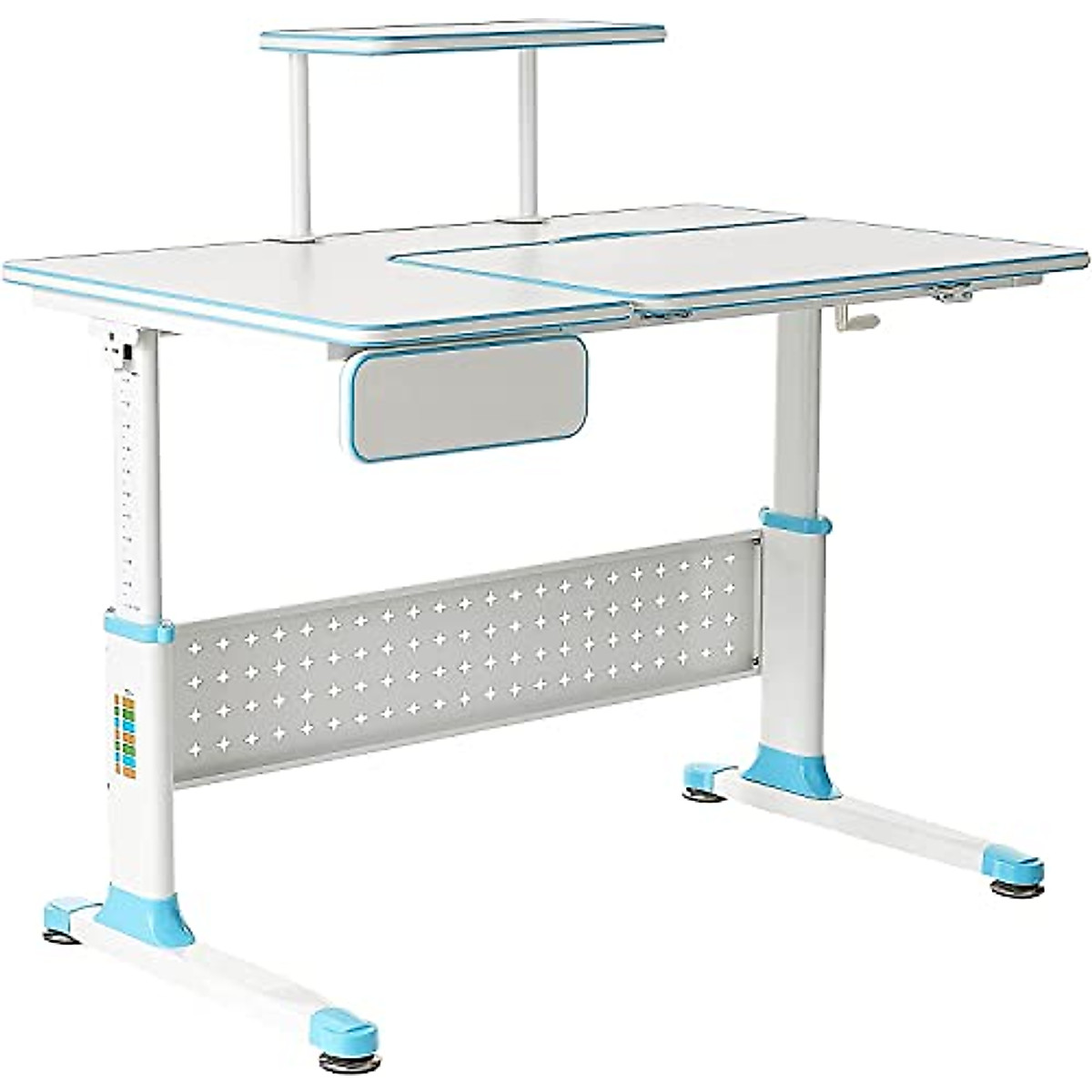 ApexDesk Little Soleil DX 43" Children's Height Adjustable Study Desk w/Integrated Shelf & Drawer (Desk+Chair Bundle – Blue)
