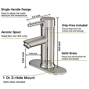 Greenspring Brushed Nickel Bathroom Faucet Single Hole Single Handle Aerator Spout Saving Water Lavatory Vanity Sink Faucet Matching Pop Up Drain with Overflow Mixer Tap Supply Line Lead-Free