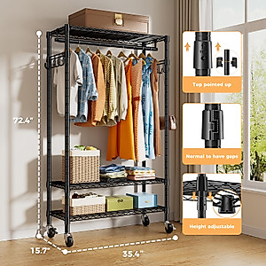 TONNSO T03-P Rolling Garment Rack Heavy Duty Clothes Rack for Hanging Clothes, Portable Closet Wardrobe with Wheels and Side Hooks, Adjustable Freestanding Metal Clothing Rack with Shelves, Black