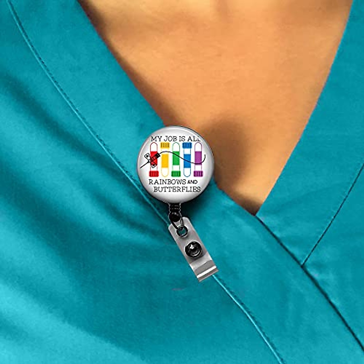 My Job is All Rainbows and Butterflies Badge Reel, Phlebotomist Humor Badge Reel, Cute Phlebotomy Tech Blood Draw Retractable ID Badge Holder