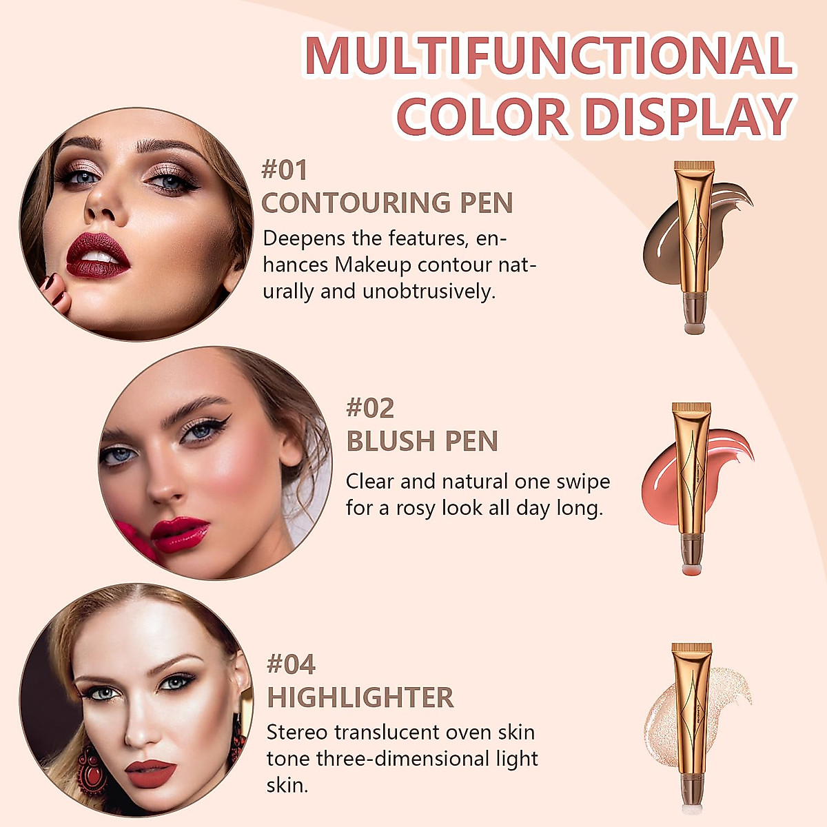 Liquid Contour Beauty Wand Set,Blush Liquid Contour Stick Highlighter Makeup With Cushion Applicator,Long Lasting Smooth Natural Matte Finish,Lightweight Blendable Super Silky Cream Sticks (01#02#04)