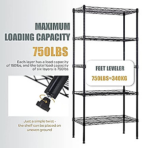 NChanmar 5-Tier Metal Shelving Unit Storage Shelves Metal Shelves 48"x21"x12" Heavy Duty Metal Storage Rack Wire Rack NSF Height Adjustable for Home Kitchen Bathroom Garage Shelving(Black)