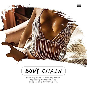 Aiosy Rhinestone Body Chain Silver Sexy Bikini Bra Chain Rave Outfits Body Accessories Jewelry for Women and Girls