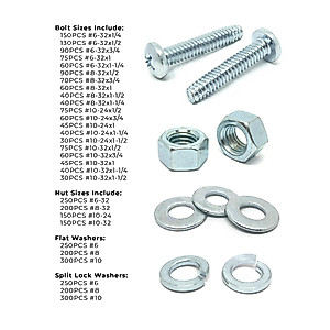 #6#8#10 Phillips Pan Head Machine Screws Bolts Flat & Split Washers & Hex Nuts Assortment Set