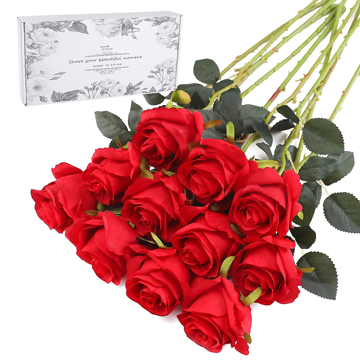 Hawesome Artificial Flowers 10 PCS Silk Roses with Long Stems Faux Realistic Roses for Wedding Bouquets Table Centerpieces Party Home Decor(White)