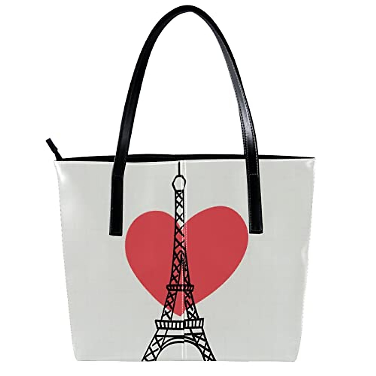 Simple Eiffel Tower with Red Heart Tote Bag for Women Girls, Leather Shoulder Bag with Inside Pockets, Zip Top Handbags