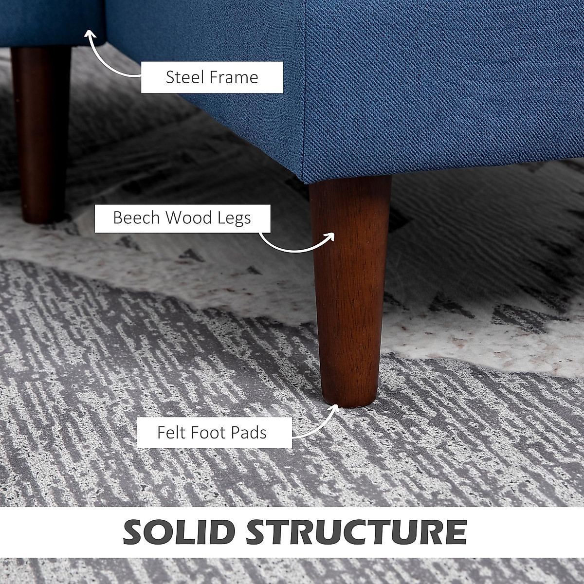 HOMCOM Fabric Sectional Couch with Reversible Sleeper Sofa, Modern L Shaped Sectional Sofa with Pillows, Wooden Legs for Living Room, Apartment and Office, Blue