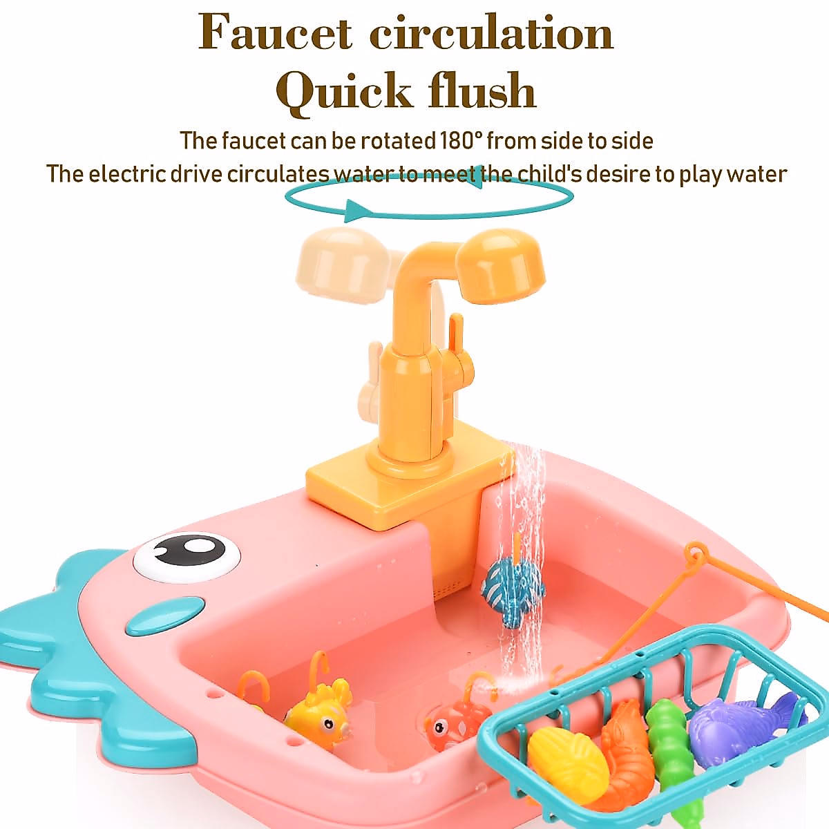 Kitchen Sink Toys with Running Water and Electric Faucet Automatic Water Cycle System，Play Kitchen Toy Accessories for Toddler,Pool Floating Fishing Toys，Pretend Role Play Toys for Boys Girls