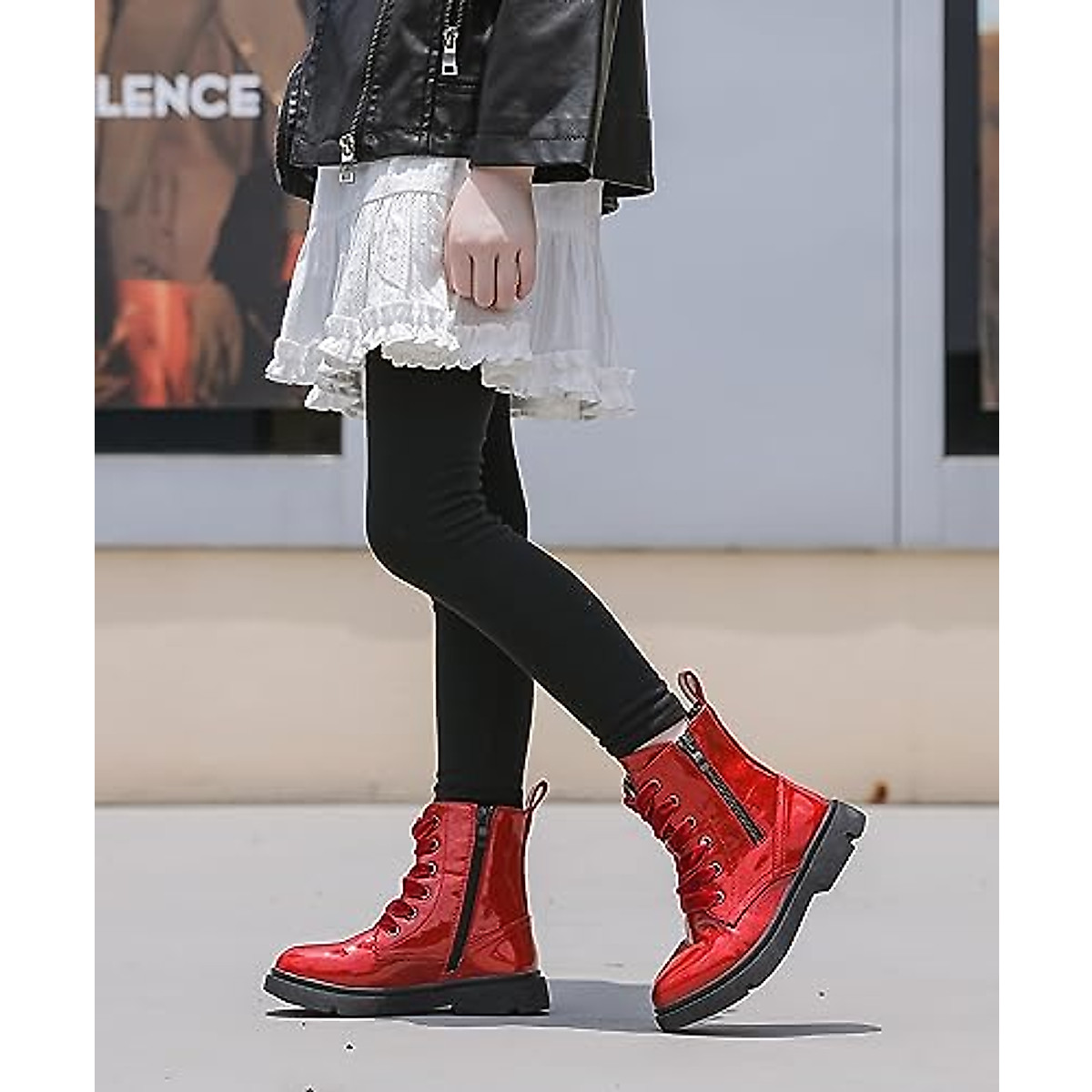 DADAWEN Boys Girls Glitter Ankle Boots Lace Up Waterproof Combat Shoes With Side Zipper for Toddler/Little Kid/Big Kid Red Glitter US Size 3 M Big Kid