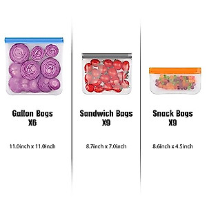 Lerine 6 Pack Reusable Gallon Freezer Bags Dishwasher Safe, BPA Free Reusable freezer bags 1 Gallon, Extra Thick Leakproof Reusable Silicone Storage Bags for Marinate Meats, Cereal, Veggies,Fruits