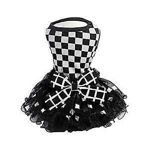 QWINEE Checkerboard Print Bow Decor Pet Dress Cat Dog Mesh Princess Dress Cute Puppy Dresses Pet Party Birthday Costume for Small Medium Large Girl Cats Dogs Kitten Black and White Medium