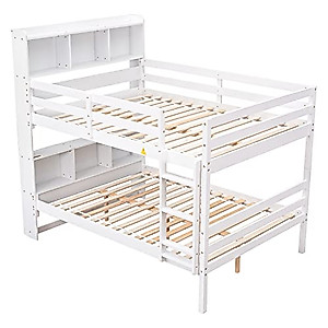 Harper & Bright Designs Full Over Bunk Beds with Bookcase Headboard, Solid Wood Bed Frame Storage, Safety Rail and Ladder, Kids/Teens Bedroom, Can Be converted into 2 Beds, White