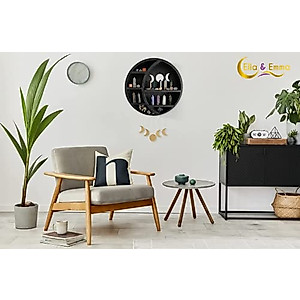 Ella & Emma Wooden Moon Shelf for Crystals - Crescent Moon Crystal Shelf, Crystal Storage & Wall Hanging Shelves for Bedroom Aesthetic, Moon Phase Wall Decor & Crystal Display Shelf, Pinewood, Black
