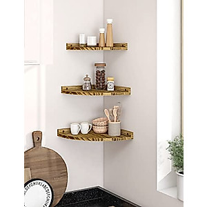 Godimerhea Floating Corner Shelves for Wall, Rustic Solid Wood Wall Mounted Set of 3, Display Hanging Decor Kitchen Storage Heavy Duty Corner Shelf for Living Room Bedroom Bathroom, Brown