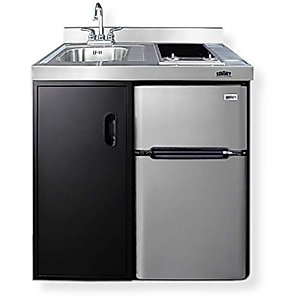 Summit Appliance CK36ELGLASS 36" Wide All-In-One Kitchenette Fully assembled; Includes a 2-door Refrigerator-freezer, 2-burner Cooktop, Sink, and Large Storage Cabinet