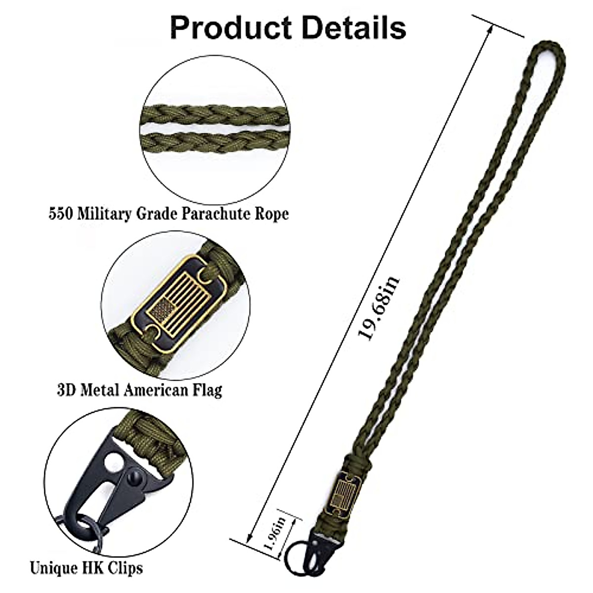 2 Pcs Heavy Duty Braided Paracord Lanyard Keychain with USA Flag, Parachute Rope Necklace Keychains, Braided Strong Lanyard with Metal HK Clip Key Ring for Outdoor Activities, Camera, Traveling