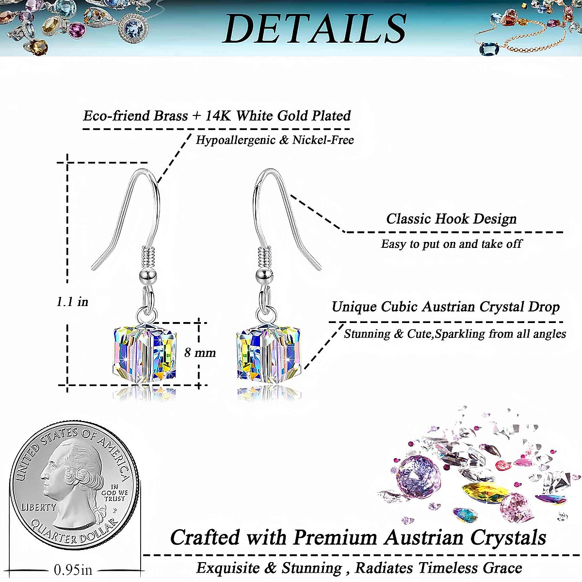 Austrian Crystal Cube Drop Dangle Earrings for Women Fashion 14K Gold Plated Hypoallergenic Jewelry (Aurora Borealis)