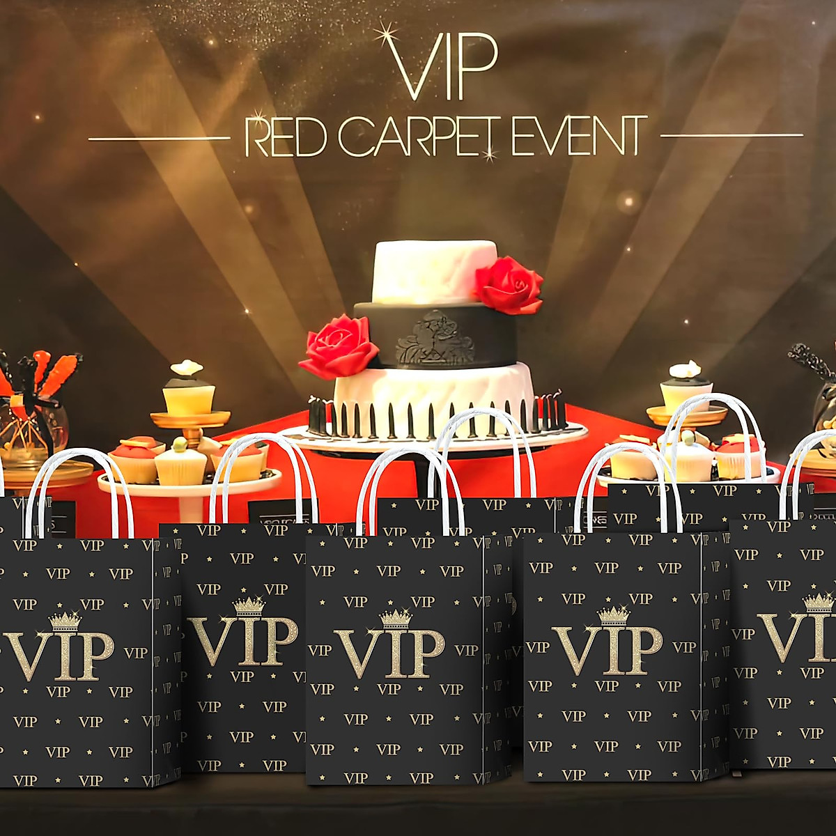 Tyndallrays 16 Pieces VIP Goodie Bags for VIP Birthday Party Supplies,VIP Gift Snacks Treat Candy Party Favors Bags with Handles for Kids Adults Hollywood Movie Theme Party Decorations