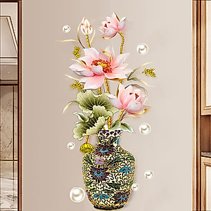 Dechom Chinese Style Lotus Flower Classical Vase Wall Sticker Pearl Living Room Art Wall Decals Home Entrance Backdrop Decoration
