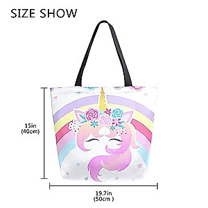Naanle Canvas Tote Bag Large Women Casual Shoulder Bag Handbag Rainbow Unicorn Floral Canvas Tote Bag Reusable Grocery Shopping Cloth Bags Beach Bag for Women