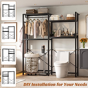 Aheaplus Over Washer and Dryer Shelves with Power Outlet, 4 Tiers Space Saver Laundry Room Storage and Organizer Standing Shelf, Metal Clothes Drying Rack with 1 Hanger Rod, 63" W x 77.2" H, Black