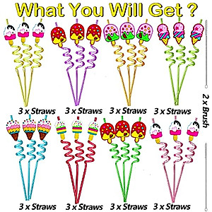 24 Reusable Crazy Shapes Ice Cream Straws, Drink Cocktail Straws for Birthday Party Supplies Party Favors with 2 Cleaning Brushes 8 Color Straws