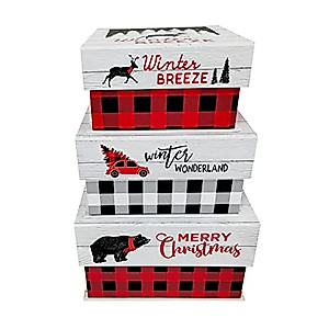 VOTUM Set of 3 Nesting Holiday Storage Boxes - Decorative Treasure Chest Stackable Paperboard Containers with Fitted Lids and Seasonal Sayings - Mountain Holiday