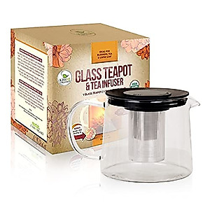 Glass Teapot with Tea Infuser - Stovetop Safe Clear Glass Teapot with Removable Strainer - Perfect for Blooming Tea, Loose Leaf and Other Herbal Teas