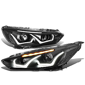 Auto Dynasty Pair Black Housing Clear LED Turn Signal Dual Halo DRL Projector Headlight Lamps Compatible with Ford Focus 15-18