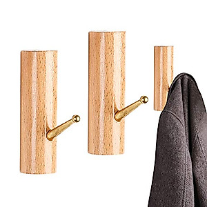 DREAM HORSE 2 Pack Wooden Wall Hooks Wall Mounted Wood Coat Hooks Hanger, Heavy Duty Natural Vintage Hooks Single Organizer Hat Rack Creativity Decorative Towel Hook (Brass Beech Wood)