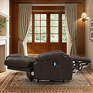 PUG258Y Lift Chair for Elderly: 9988 High Density Foam Lay Flat Heat and Massage, Reclining to 180, 2 Pockets Cup Holders, 2 Remote Controls, Dual OKIN Motors - Breathable Leather Reddish Brown