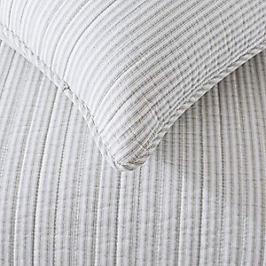 Soul & Lane Cotton King Ticking Stripe Quilt: Gray Striped Quilt, Farmhouse Bedding Coverlet, Greige Comforter and Blanket, Country Pinstripe Coverlet (Shams Sold Separately)